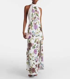 LA FUORI Luminous Flounce Embellished Floral Gown