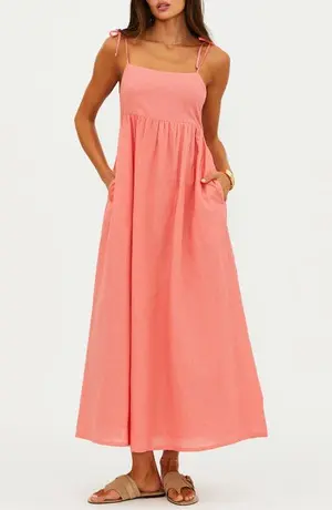 Beach Riot Valory Cotton & Linen Cover-up Maxi Sundress - Coral Sea Linen