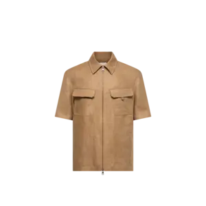 Moncler Linen Twill Short Sleeve Zip-up Shirt - Brown