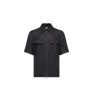 Moncler Linen Twill Short Sleeve Zip-up Shirt - Blue