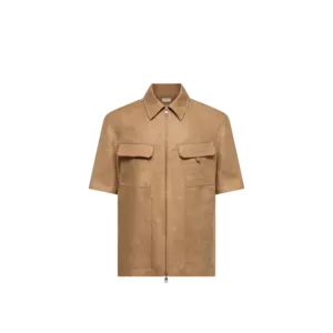 Moncler Linen Twill Short Sleeve Zip-up Shirt - Brown