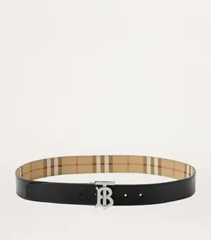 Burberry Leather And Check Reversible Tb Belt - Beige