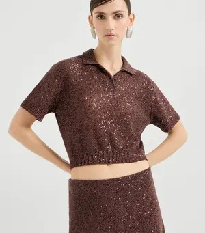 Brunello Cucinelli Sequin Collar Top - Red