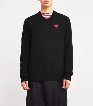 Play Comme Des Garcon Wool V-neck Sweater With Heart Applique - Black