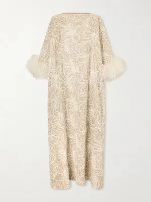 DIMA AYAD Feather-trimmed Embroidered Crepe Gown