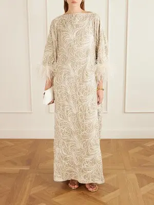 DIMA AYAD Feather-trimmed Embroidered Crepe Gown