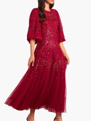 NEEDLE & THREAD Scallop Sequin Maxi Dress - Red
