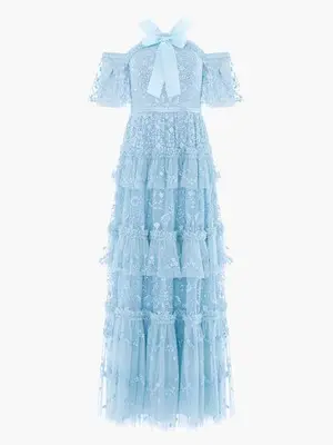 NEEDLE & THREAD Primrose Tiered Maxi Gown With Floral Embroidery And Bow Detail - Aqua