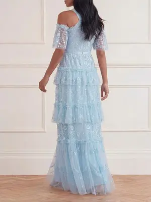 NEEDLE & THREAD Primrose Tiered Maxi Gown With Floral Embroidery And Bow Detail - Aqua