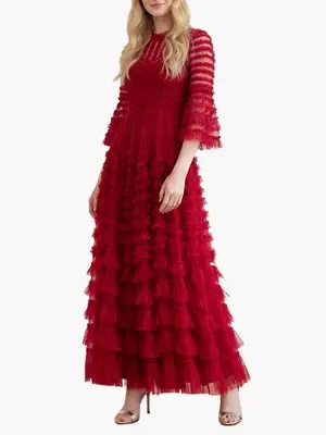 NEEDLE & THREAD La Vie En Rose Round Neck Gown - Deep Red