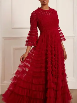 NEEDLE & THREAD La Vie En Rose Round Neck Gown - Deep Red