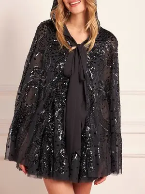 NEEDLE & THREAD Sequin Ribbon Hooded Cape