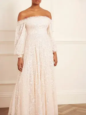 NEEDLE & THREAD Sequin Embellished Off-shoulder Gown