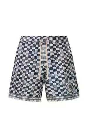 Amiri Watercolor Checkered Silk Drawstring Shorts - Blue