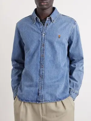 AMI Paris Button-down Collar Logo-embroidered Denim Shirt