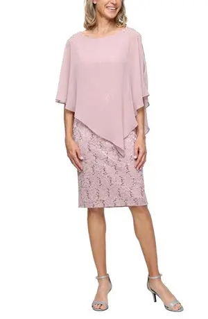 SL FASHIONS Chiffon Capelet Floral Lace Cocktail Dress - Blush