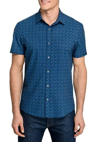 W.R.K Basic Slim Fit Abstract Blur Short Sleeve Performance Button-up Shirt - Blue