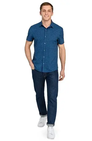 W.R.K Basic Slim Fit Abstract Blur Short Sleeve Performance Button-up Shirt - Blue