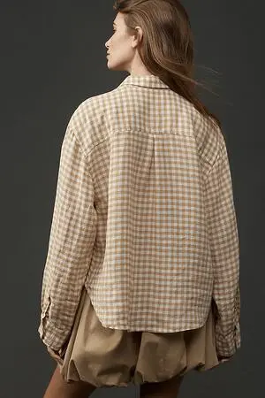 Maeve Shrunken Bennet 100% Len Buttondown Shirt - Khaki Gingham