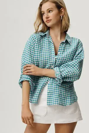 Maeve Shrunken Bennet 100% Linen Buttondown Shirt - Turquoise Gingham