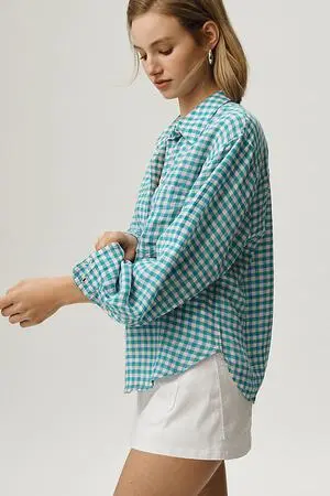 Maeve Shrunken Bennet 100% Linen Buttondown Shirt - Turquoise Gingham