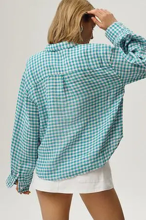 Maeve Shrunken Bennet 100% Linen Buttondown Shirt - Turquoise Gingham