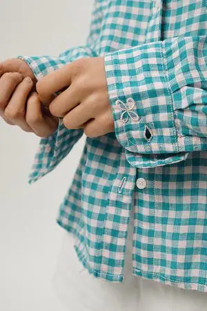 Maeve Shrunken Bennet 100% Linen Buttondown Shirt - Turquoise Gingham