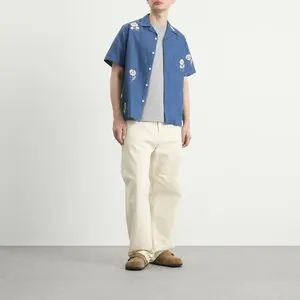 Portuguese Flannel Embroidery Nature Ramie Vacation Shirt - Blue