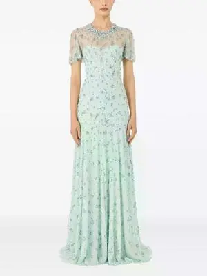 Jenny Packham Beaded Short Sleeve Maxi Dress - Blue