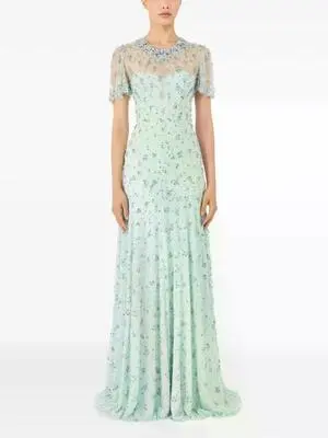 Jenny Packham Beaded Short Sleeve Maxi Dress - Blue