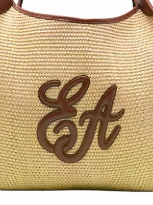 Emporio Armani Embroidered Raffia Shoulder Bag - Neutrals