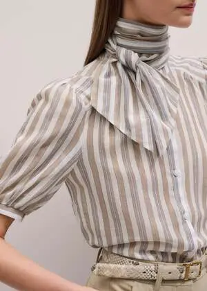 ME+EM Striped Tie-neck Blouse - Brown Multi
