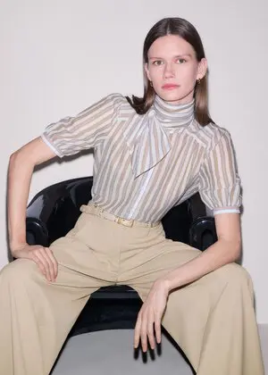 ME+EM Striped Tie-neck Blouse - Brown Multi