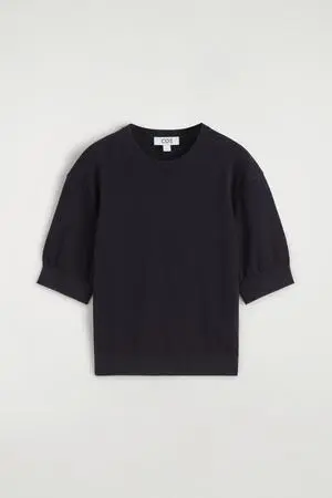 Cos Knitted Cotton T-shirt With Puff Sleeves - Navy