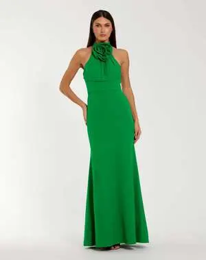 Mac Duggal Sleeveless Halter Neck Gown With Rosette - Green