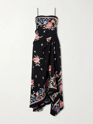 Erdem Asymmetric Embroidered Grain De Poudre Wool Midi Dress - Black