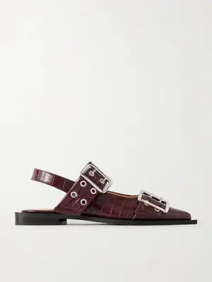 GANNI Feminine Buckle Croc-effect Slingback Ballet Flats - Burgundy