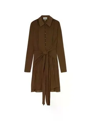 GANNI Long Sleeve Collared V-neck Dress With Draped Knot Detail - Brown