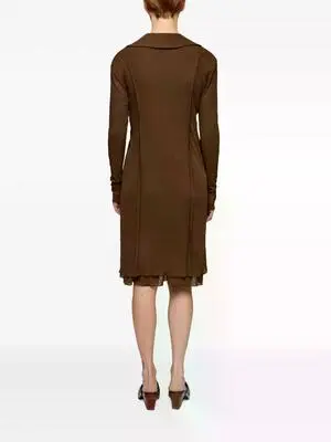 GANNI Long Sleeve Collared V-neck Dress With Draped Knot Detail - Brown