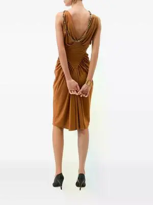 Versace Sleeveless Draped V-neck Midi Dress With Medusa Hardware - Brown
