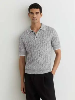 REISS Denby Cotton Cable-knit Polo Shirt - Black/white
