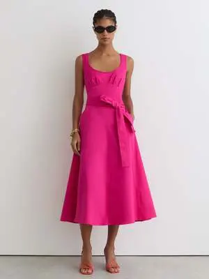 REISS Irina Cotton Belted Midi Dress - Pink