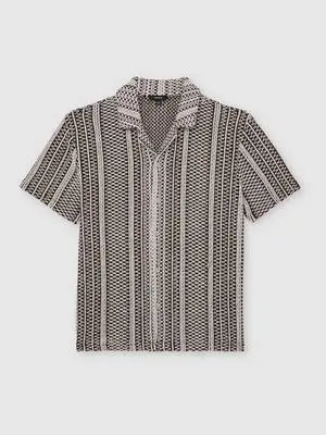 REISS Aetos Crochet Stripe Cuban-collar Shirt