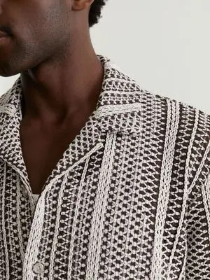 REISS Aetos Crochet Stripe Cuban-collar Shirt