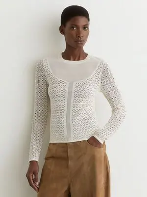 REISS Pointelle-knit Long-sleeve Top