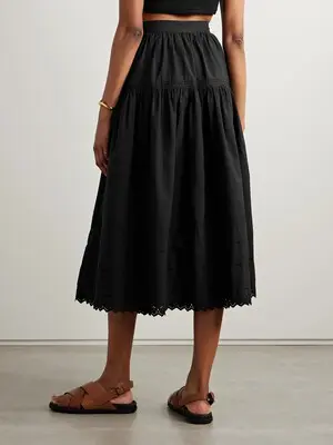 DÔEN Sebastiane Crochet-trimmed Organic Cotton-poplin Midi Skirt - Black