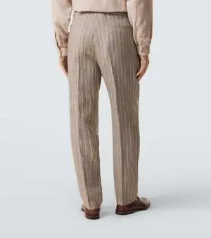 Brunello Cucinelli Chalk Stripe Linen Twill Tapered Pants