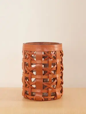 Ralph Lauren Preston Mini Woven Leather And Glass Hurricane Candle Holder - Brown
