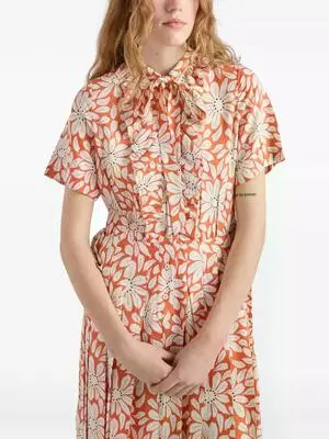 Prada Printed Pleated Pongé Dress - Orange
