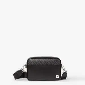 Fendi Squared Ff Camera Case Leather And Ff Canvas Bag - Black